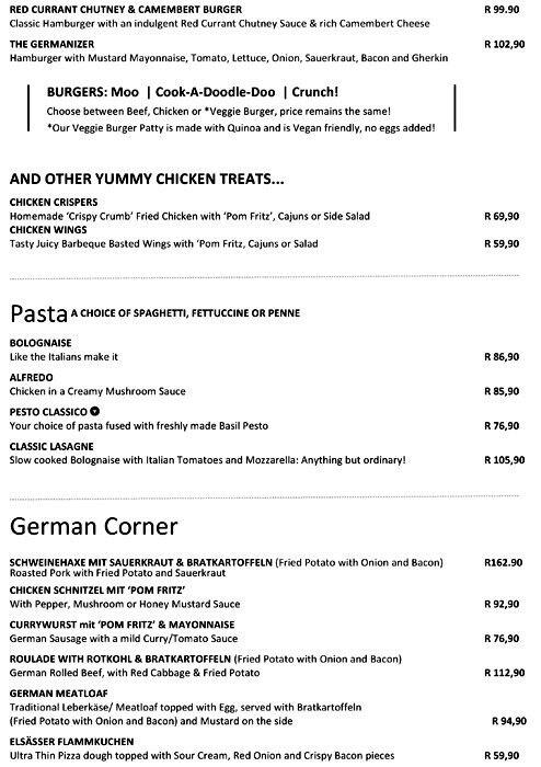 Menu au Cafe Extrablatt, Le Cap