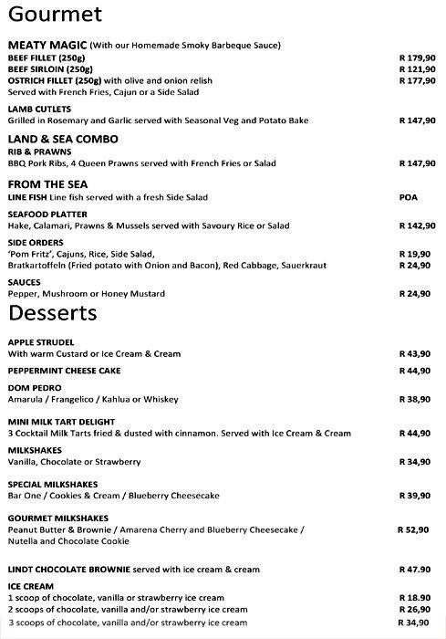 Menu au Cafe Extrablatt, Le Cap