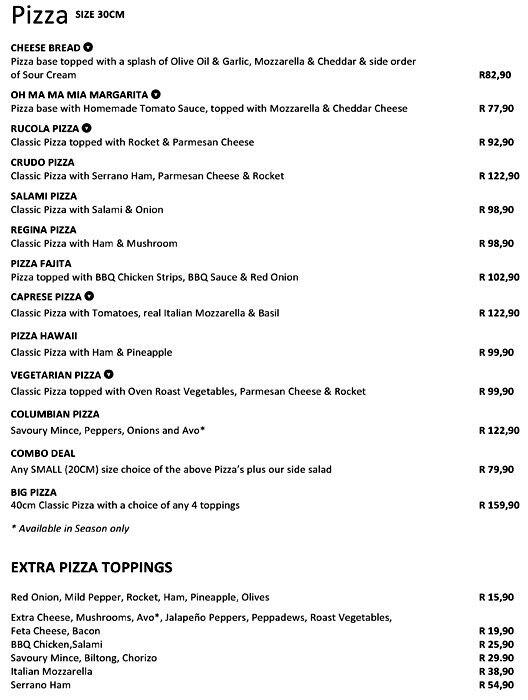 Menu au Cafe Extrablatt, Le Cap