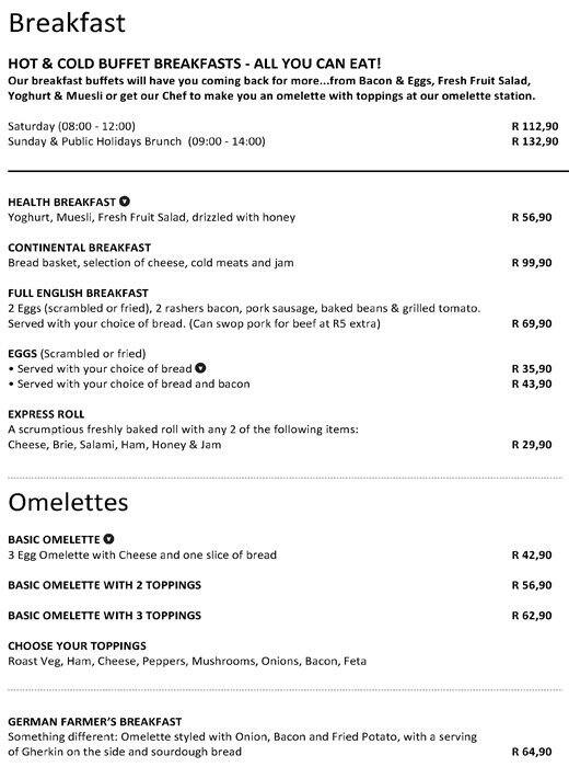 Menu au Cafe Extrablatt, Le Cap