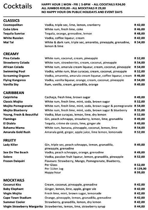 Menu au Cafe Extrablatt, Le Cap