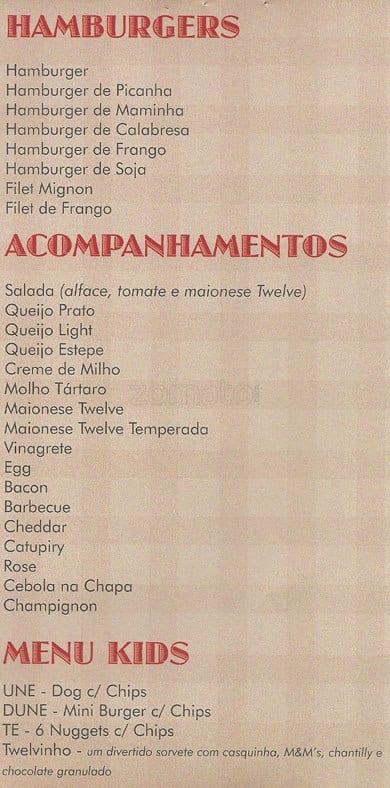 Menu at Twelve Burger restaurant, São Paulo