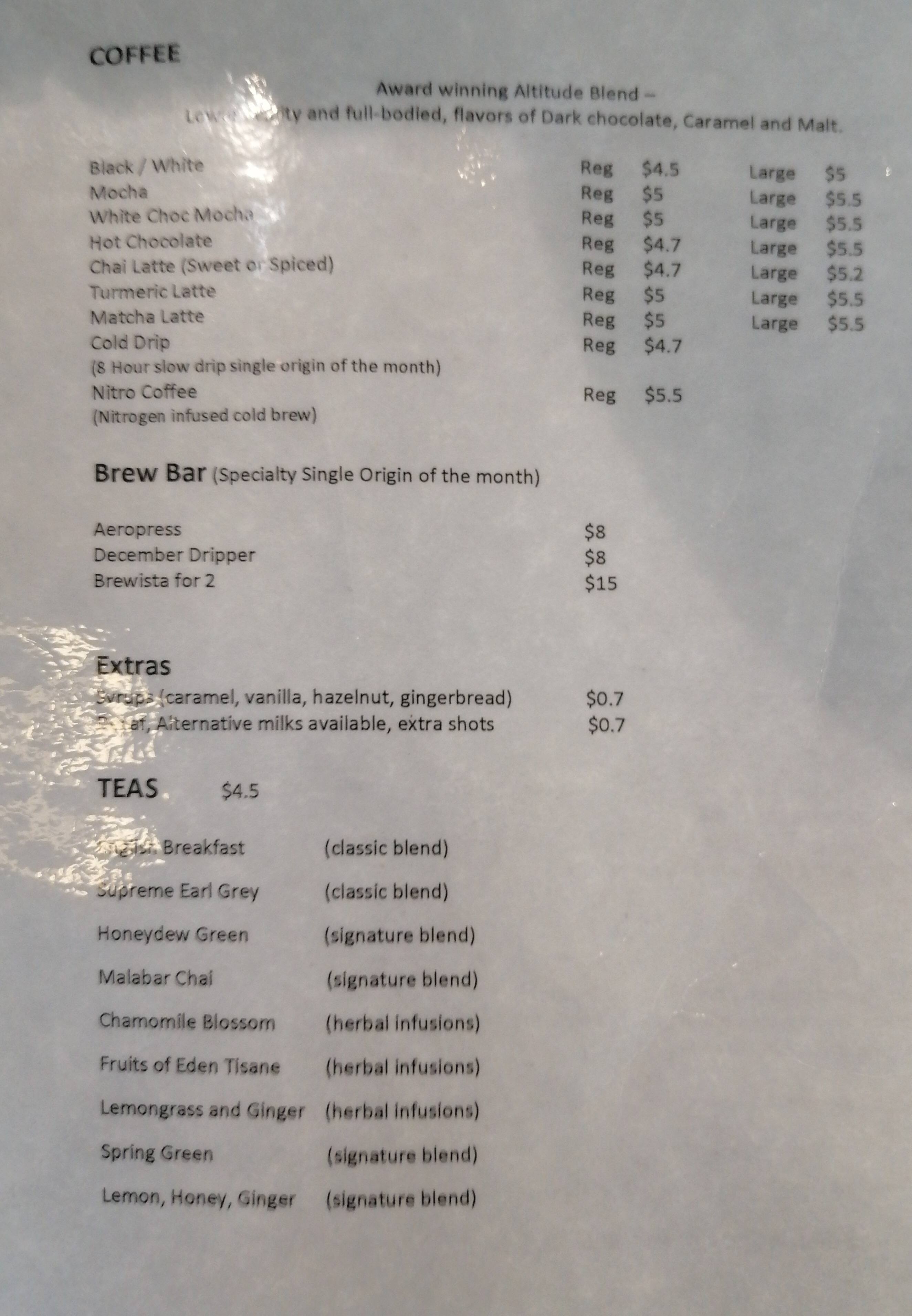 Carta del café Altura Coffee Company, Auckland, 23 Douglas Alexander Parade