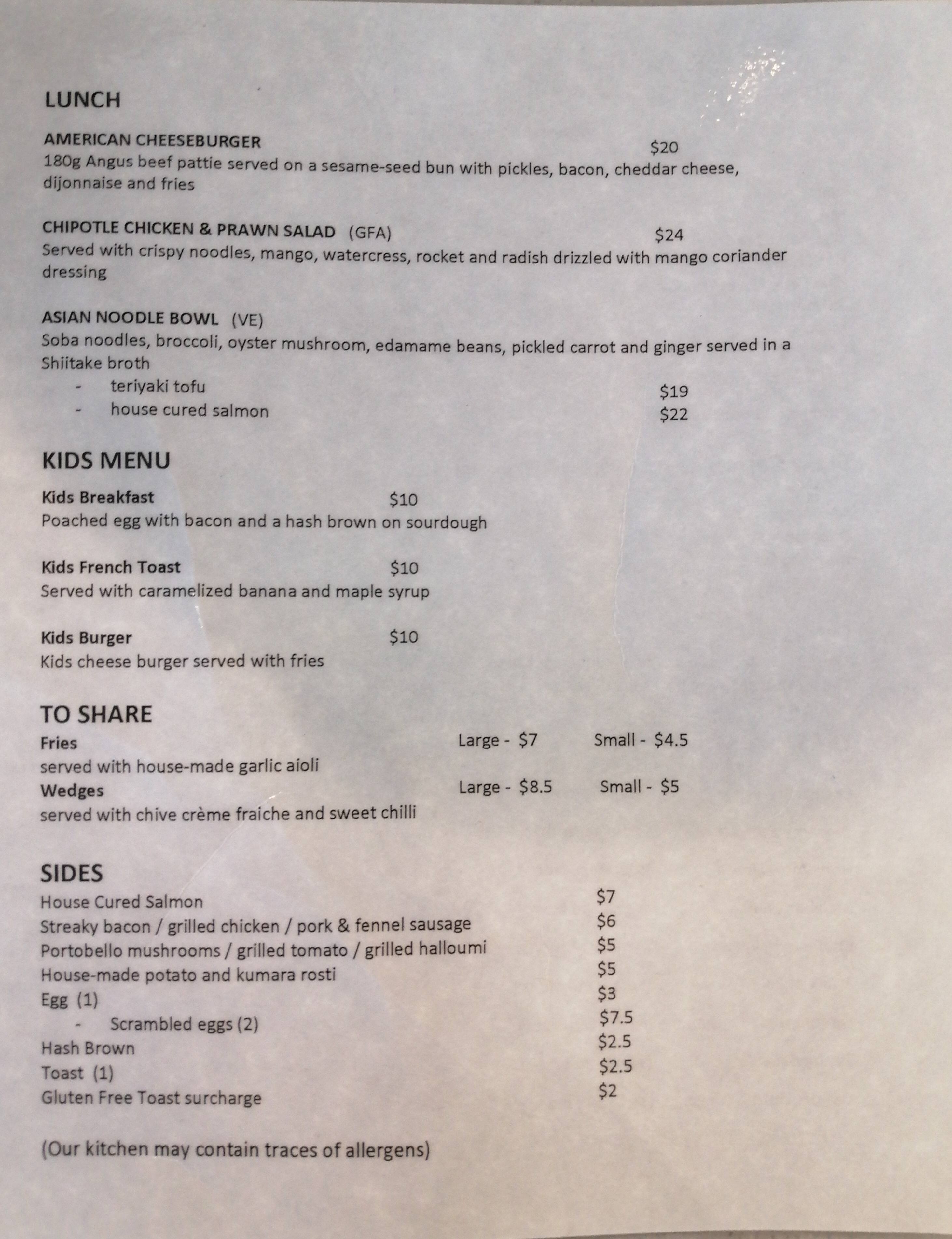 Carta del café Altura Coffee Company, Auckland, 23 Douglas Alexander Parade