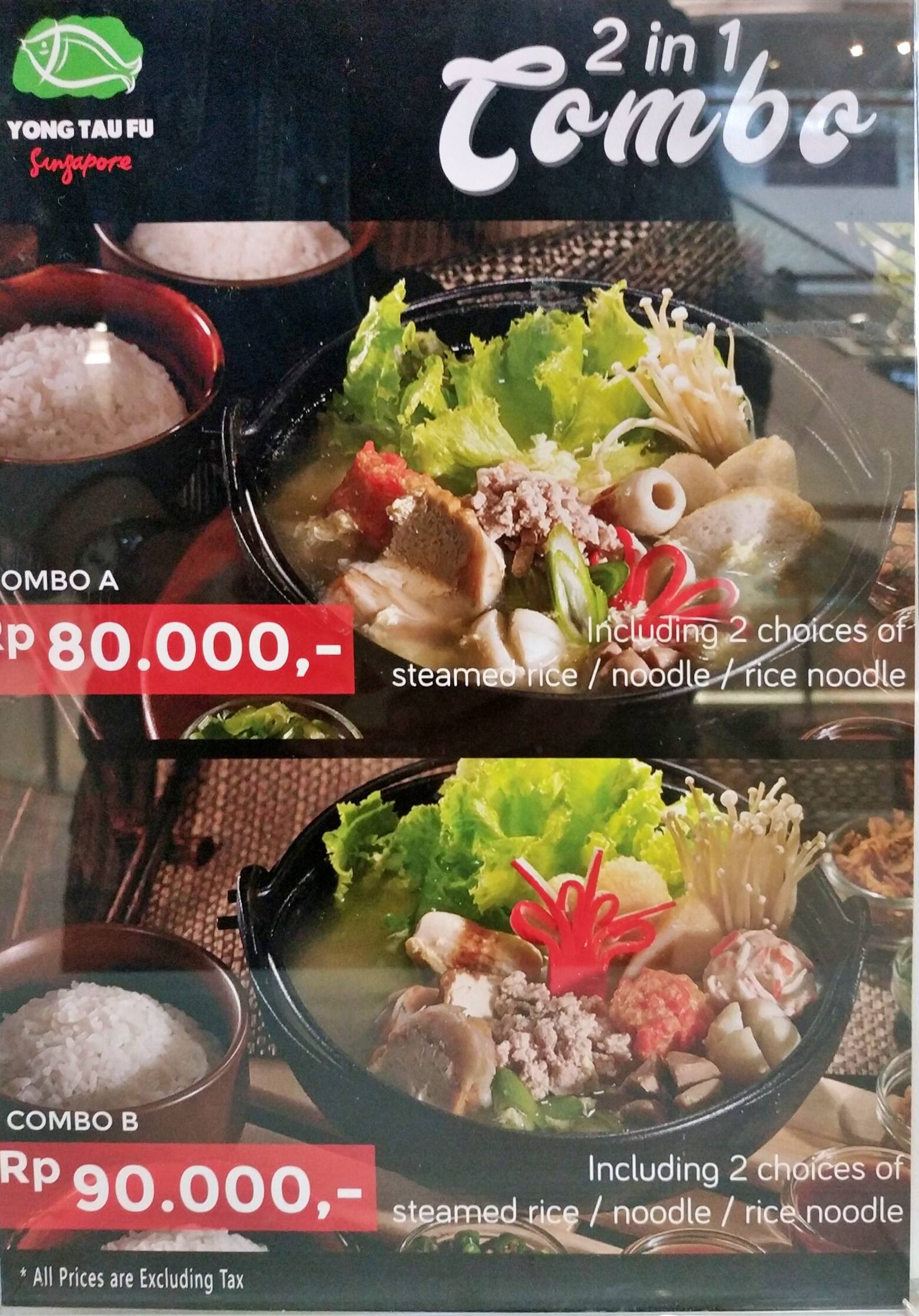 Menu at Yong Tau Fu restaurant, Jakarta, Pondok Indah Mall 1