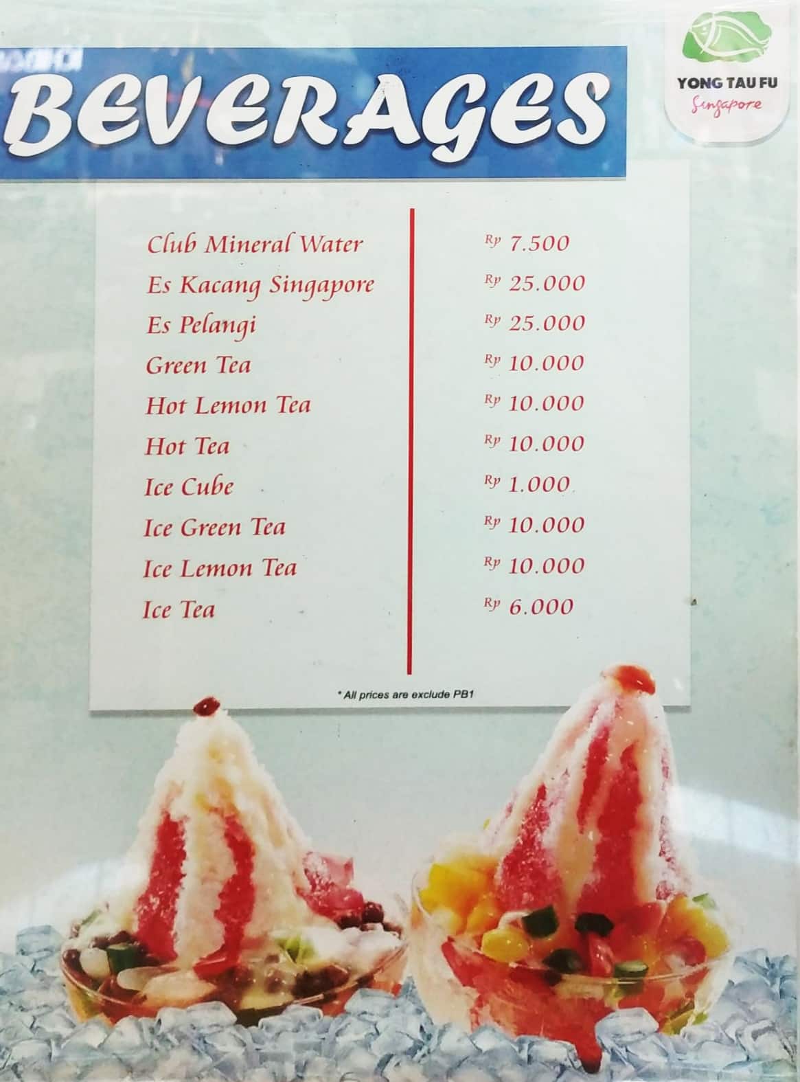 Menu at Yong Tau Fu restaurant, Jakarta, Pondok Indah Mall 1
