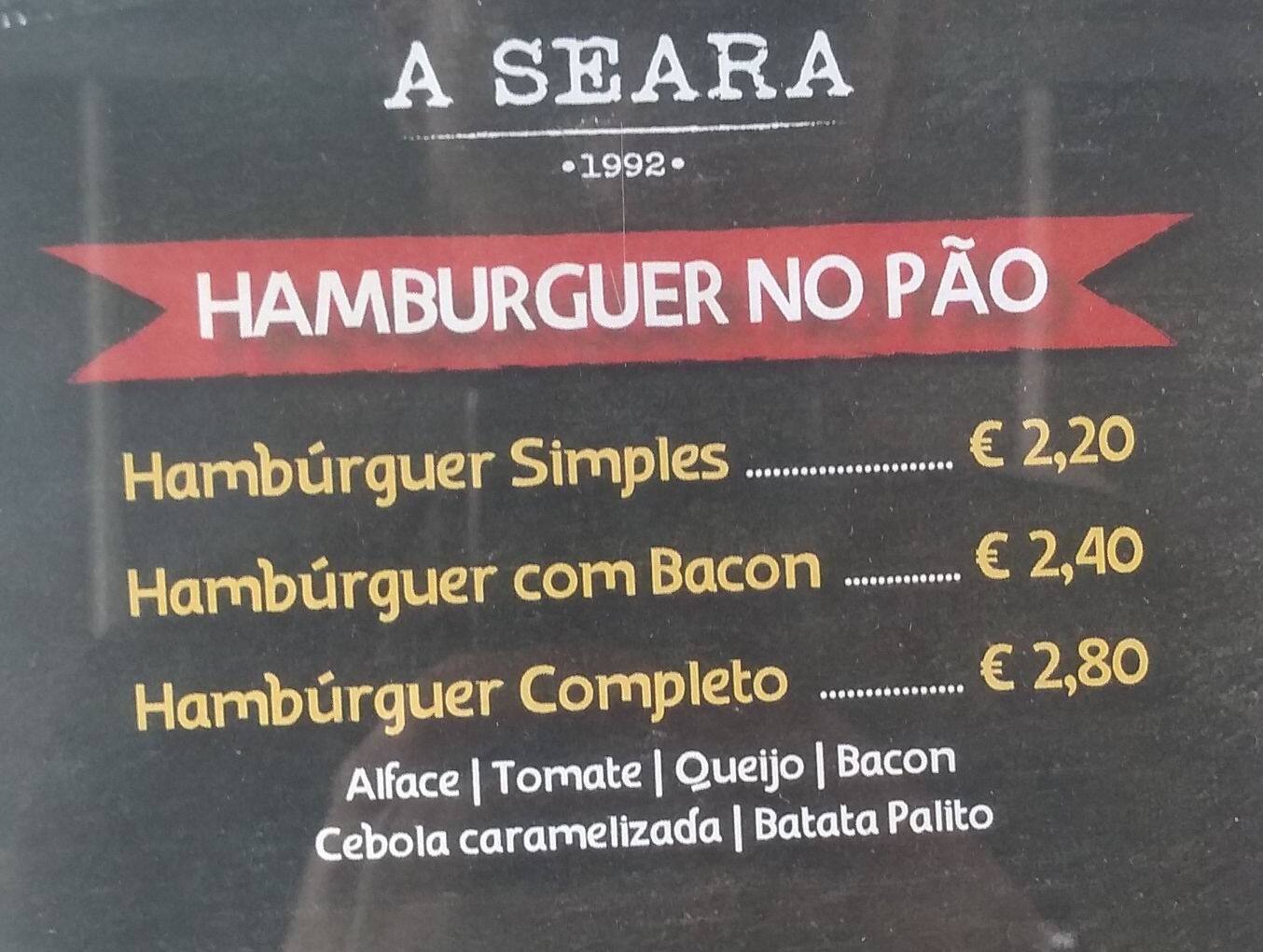 Menu at Seara restaurant, Sintra