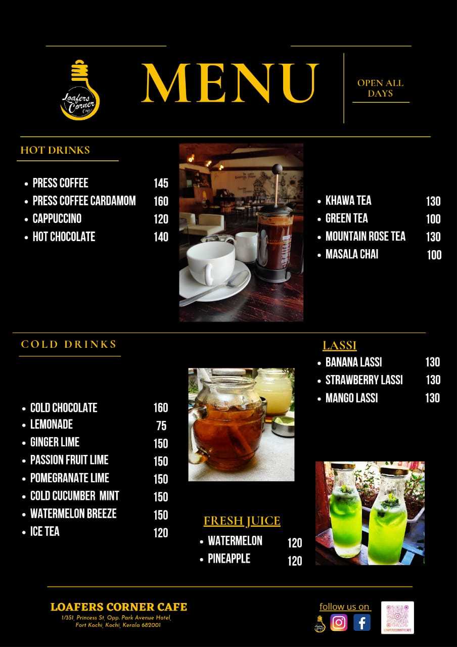Menu at Loafers Corner Cafe, Kochi
