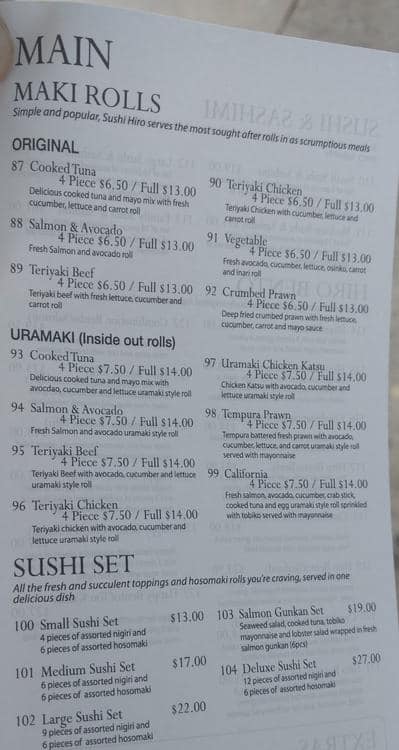 Menu at Sushi Hiro restaurant, Narrabeen, 65 Waterloo St