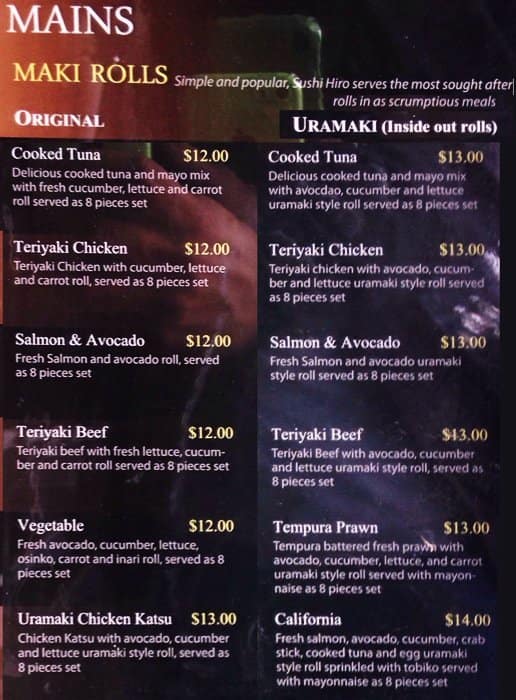 Menu at Sushi Hiro restaurant, Narrabeen
