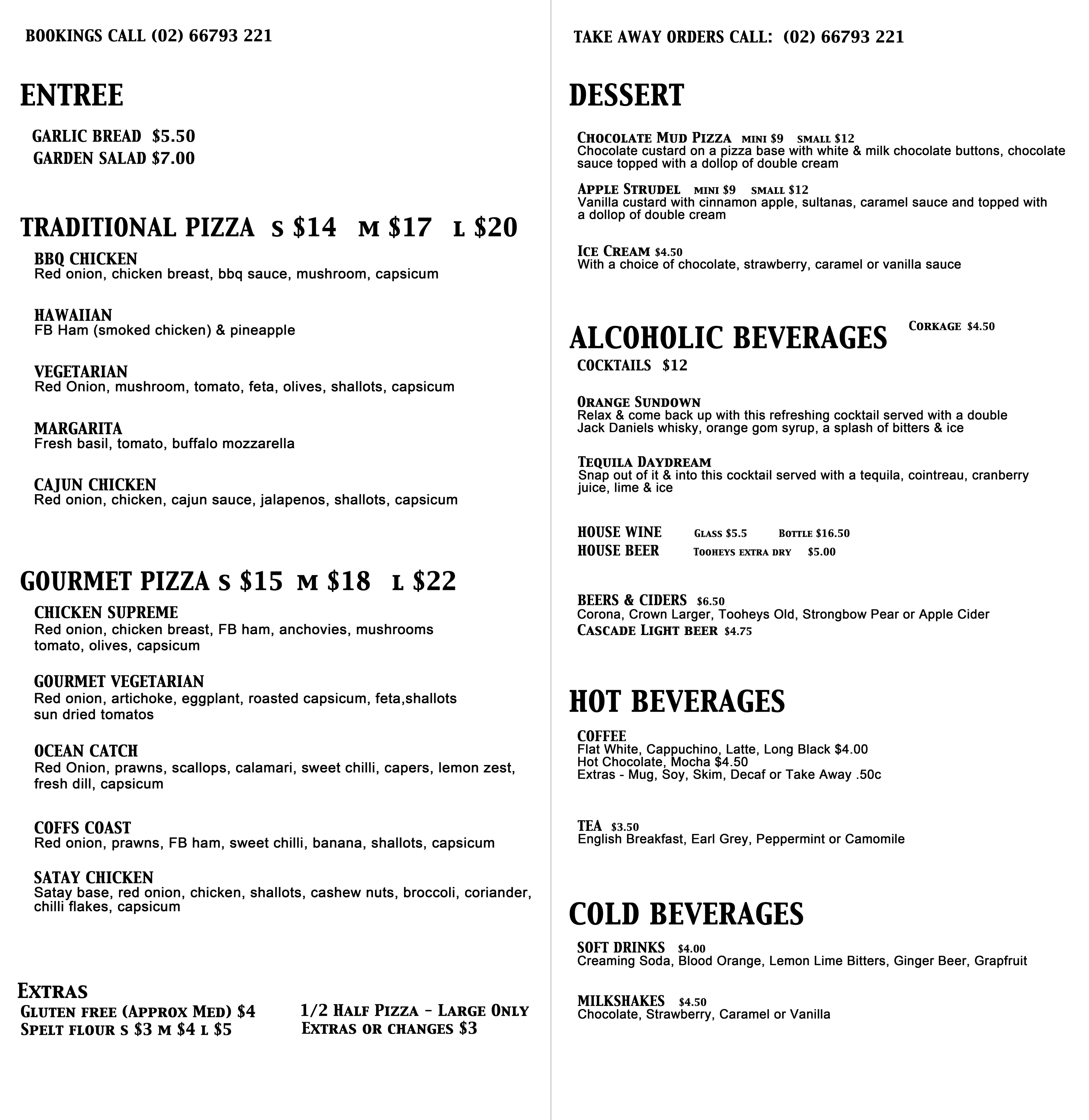 Menu at Flutterbucks Pizzeria, Tyalgum