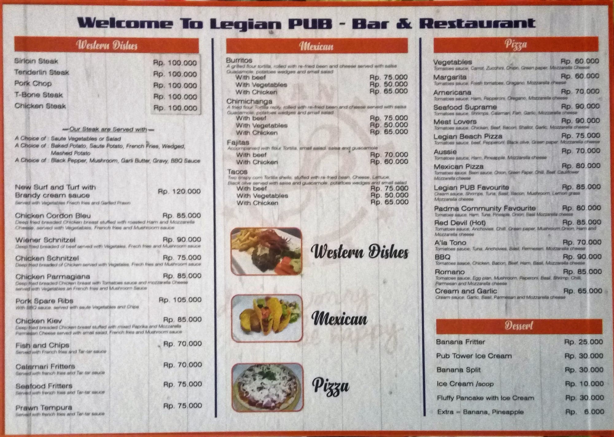 Carta del café Legian Bali, Kuta