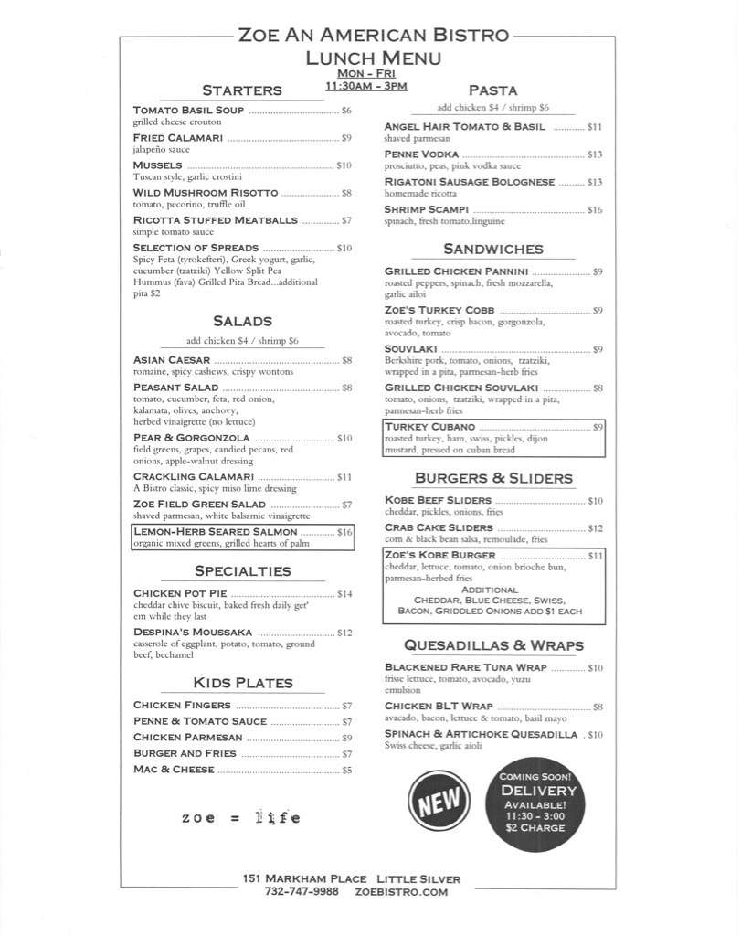 Menu at Zoe Bistro restaurant, Little Silver