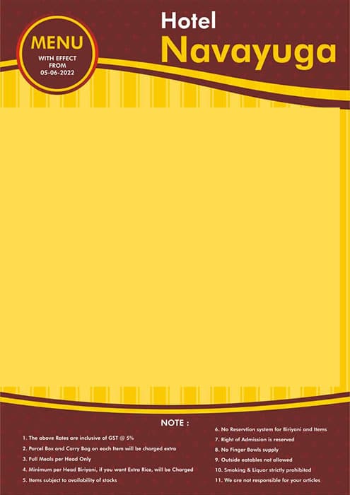 Menu of Hotel Navayuga, Majestic, Bangalore