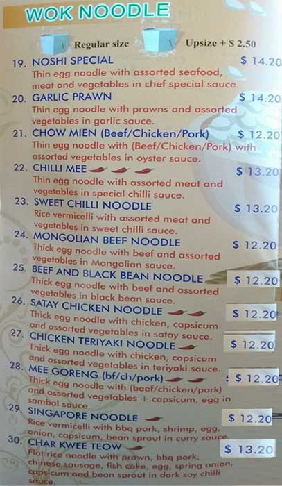 Menu at Noshi fast food, Whittlesea