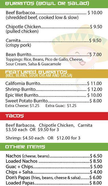 Menu at Don Wong Burritos & Tacos restaurant, Niagara Falls