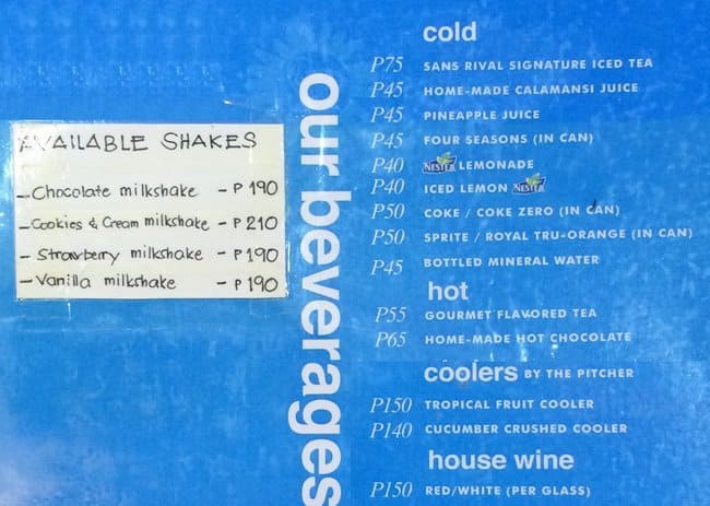 Menu at Sans Rival desserts, Cebu City, Sergio Osmeña Boulevard G/F