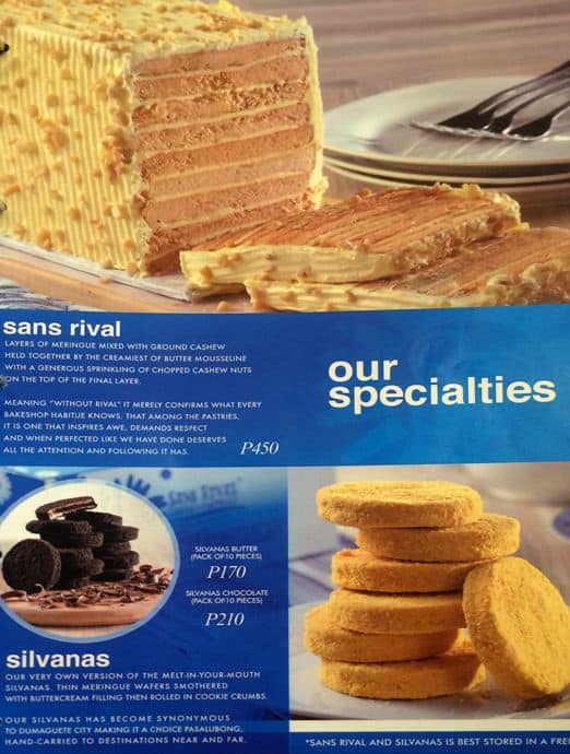 Menu at Sans Rival desserts, Cebu City, Sergio Osmeña Boulevard G/F