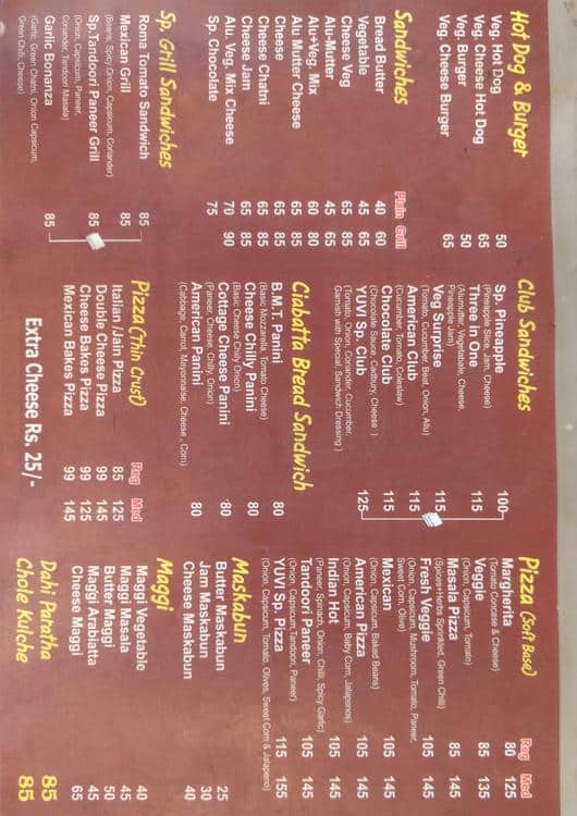 Menu at Yuvi Cafe, Ahmedabad