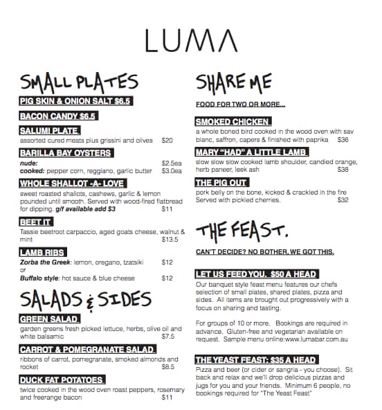 Menu at Luma restaurant, Cambridge