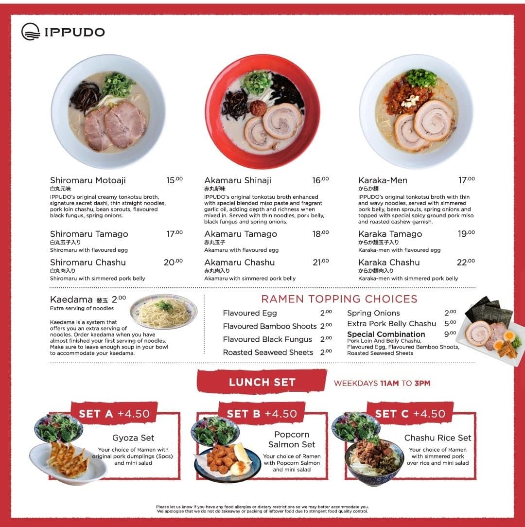 Menu at Ippudo restaurant, Perth
