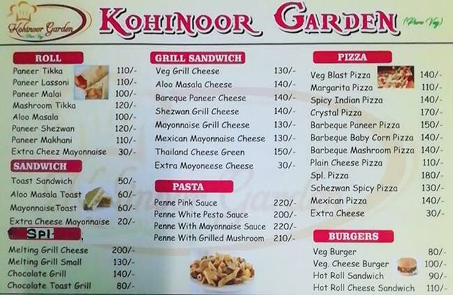 Menu of Kohinoor Garden Pure Veg, Oshiwara, Andheri West, Mumbai