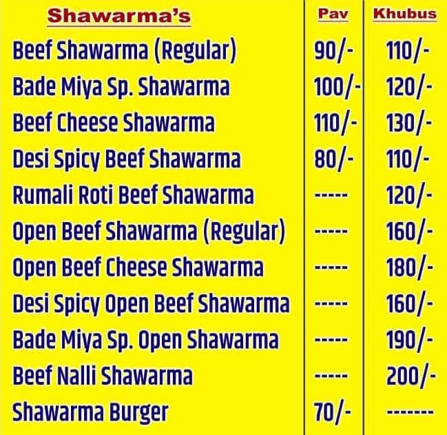 Menu of Bade Miya Beef Shawarma, Malad West, Mumbai