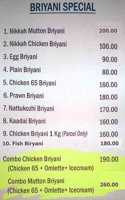 Menu of Trichy Nikkah Briyani, Poonamalle, Chennai