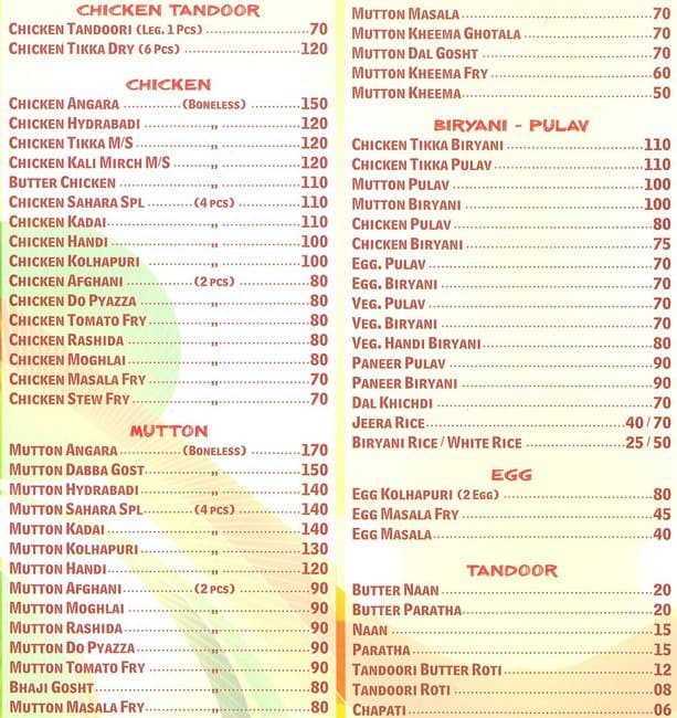 Sahara Restaurant Menu, Menu for Sahara Restaurant, Chembur, Mumbai ...