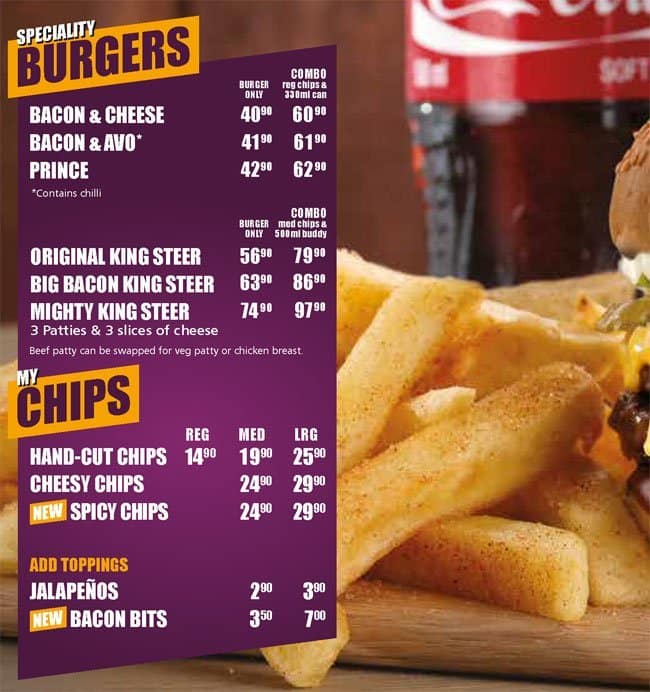 Menu at Steers restaurant, Midrand, Value Fair Shopping Centre