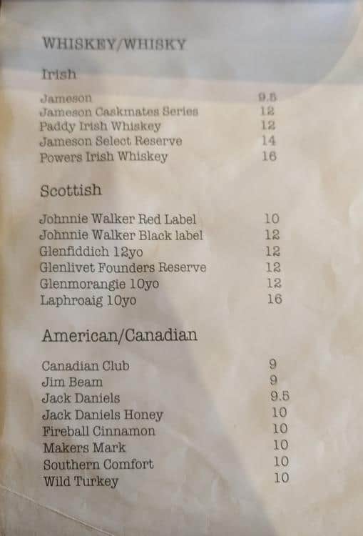 Menu at The Fiddler Irish Bar, Auckland