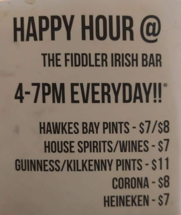 Menu at The Fiddler Irish Bar, Auckland