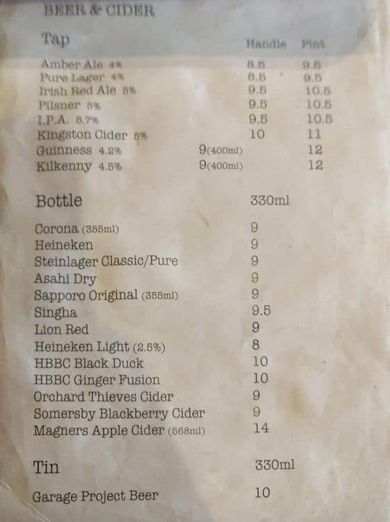 Menu at The Fiddler Irish Bar, Auckland