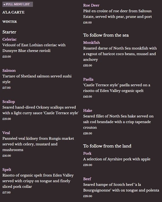Menu at Castle Terrace restaurant, Edinburgh