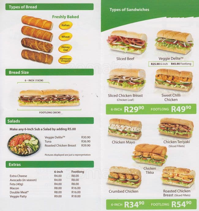 Menu at Subway fast food, Durban, 300 Anton Lembede Street