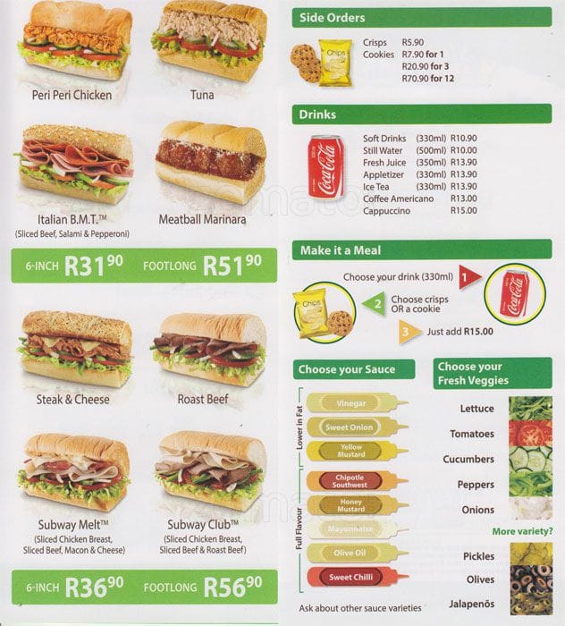 Menu at Subway fast food, Durban, 300 Anton Lembede Street