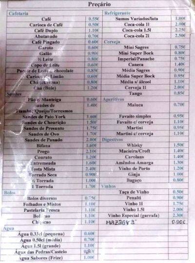 Menu at O Moleiro Dos Sete Moinhos cafe, Lisbon
