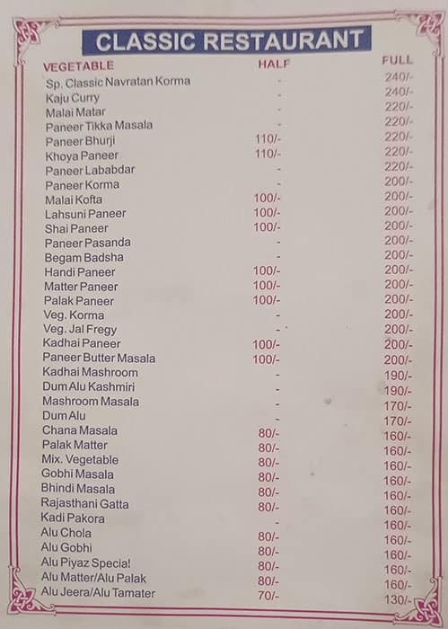 Menu of Classic Restaurant, Vaishali Nagar, Jaipur