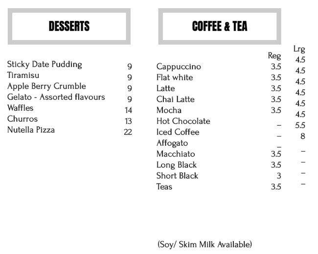 Menu at Villaggio restaurant, Sydney