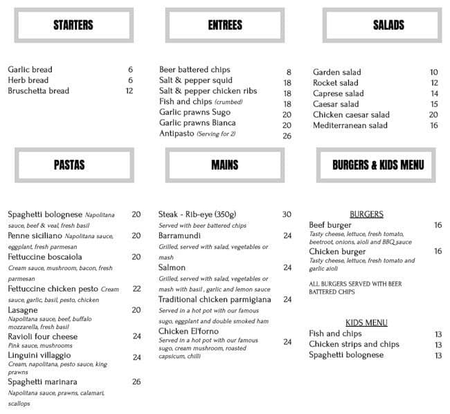 Menu at Villaggio restaurant, Sydney