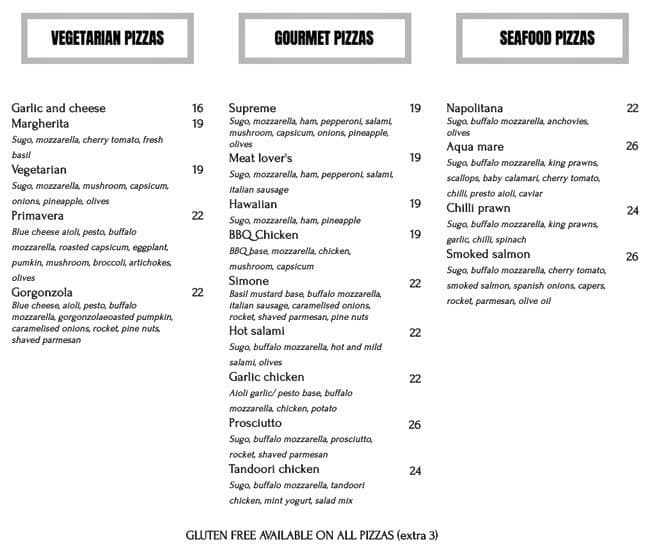 Menu at Villaggio restaurant, Sydney