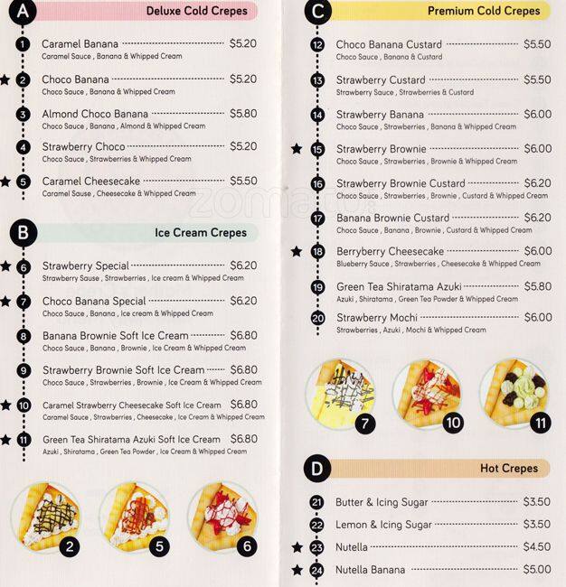 Menu at Mother's Crepe restaurant, Adelaide