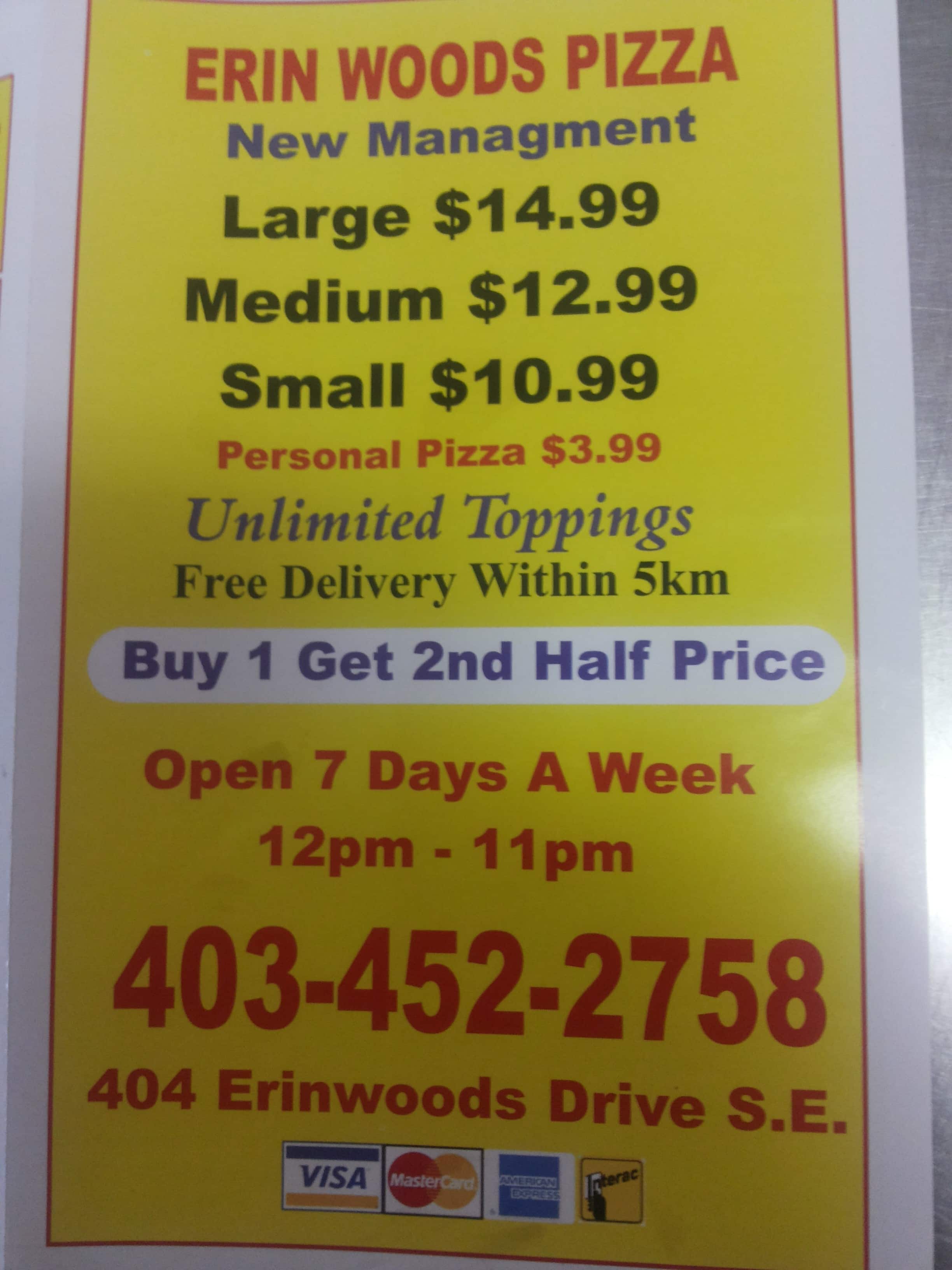 Menu at Erin Woods Pizza pizzeria, Calgary