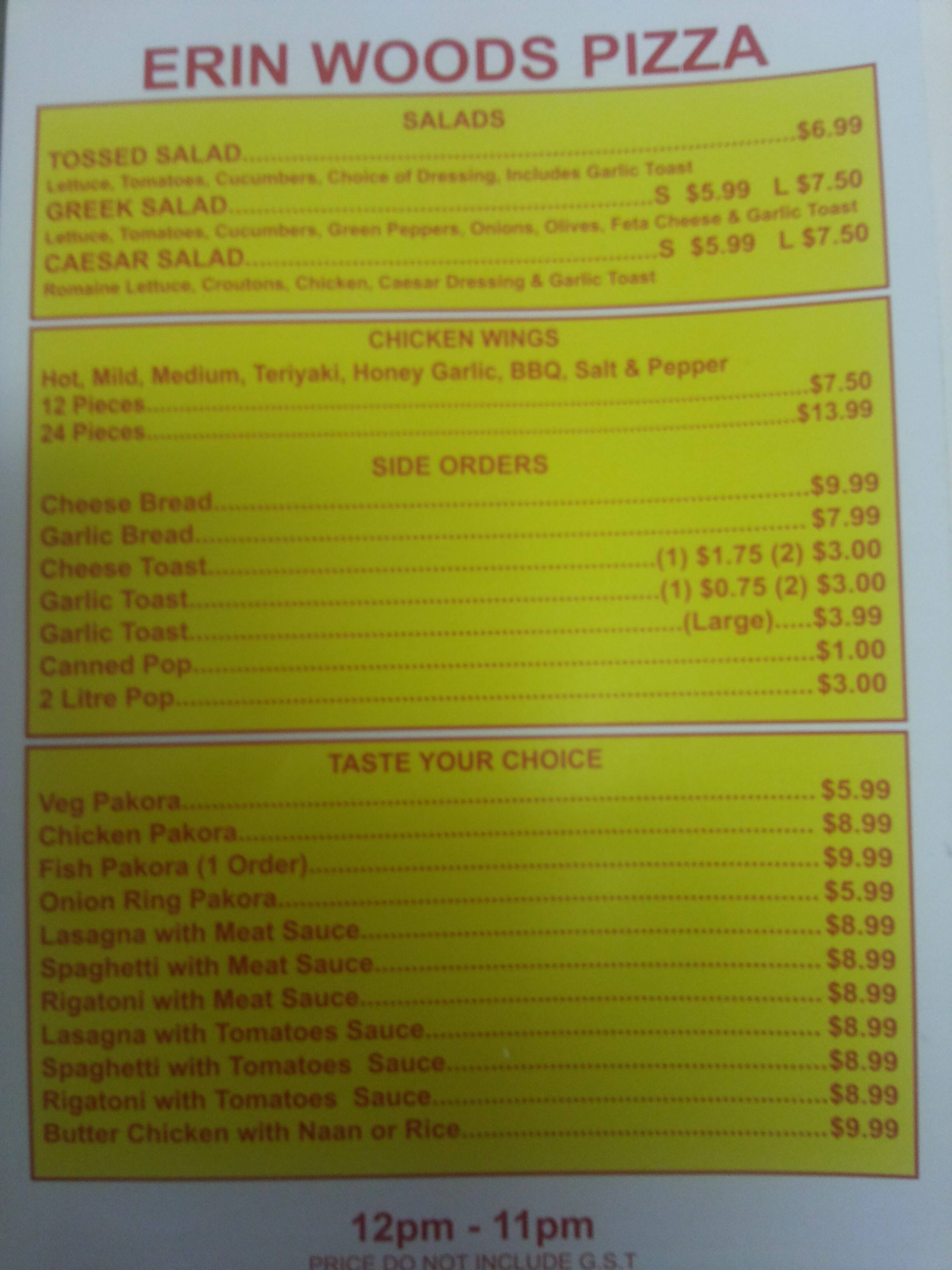 Menu at Erin Woods Pizza pizzeria, Calgary