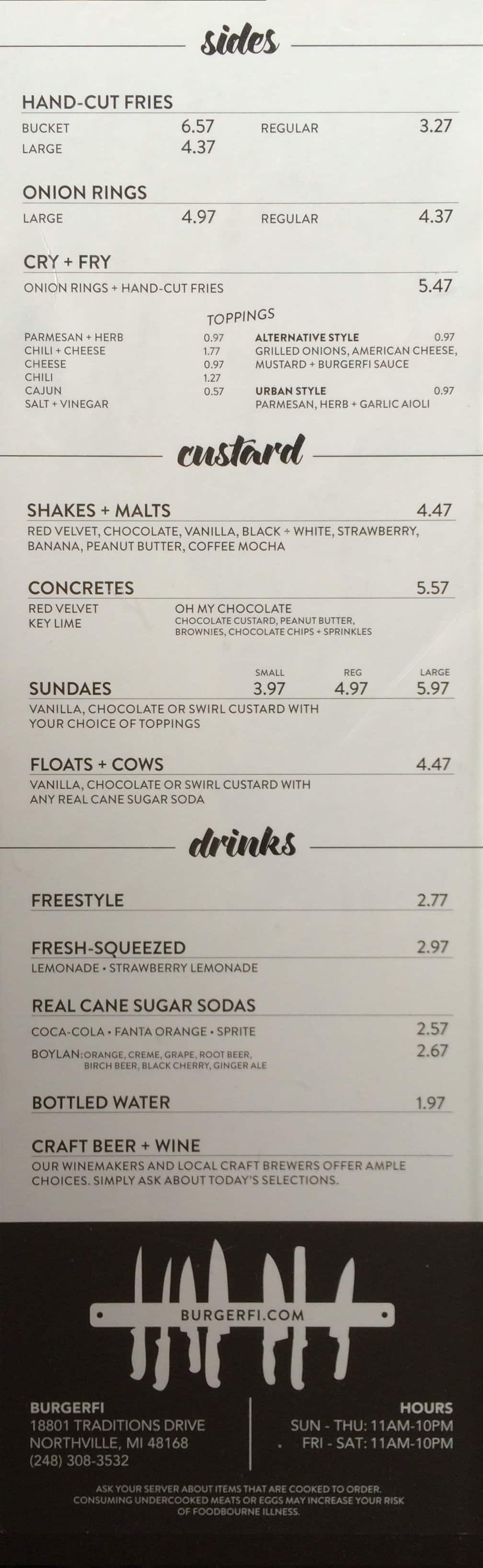 Menu at BurgerFi restaurant, Novi