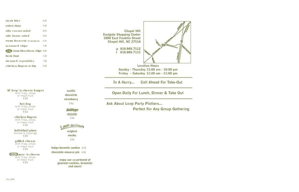 Menu at The Loop Restaurant, Chapel Hill