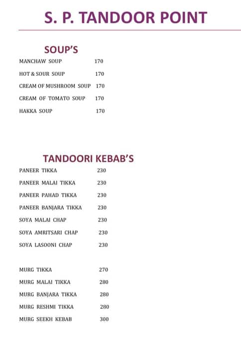 Menu of SP Tandoor Point, Undri, Pune