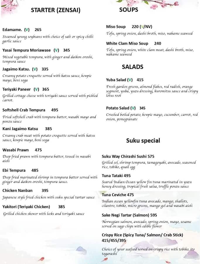 Menu of Suku Japanese And Thai Restaurant, HSR, Bangalore