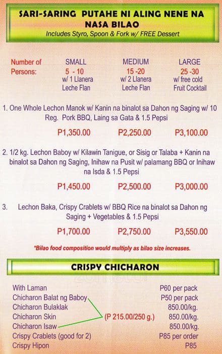 Menu at Aling Nene restaurant, Taguig, GF