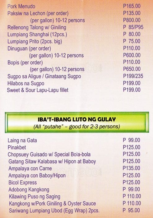Menu at Aling Nene restaurant, Taguig, GF